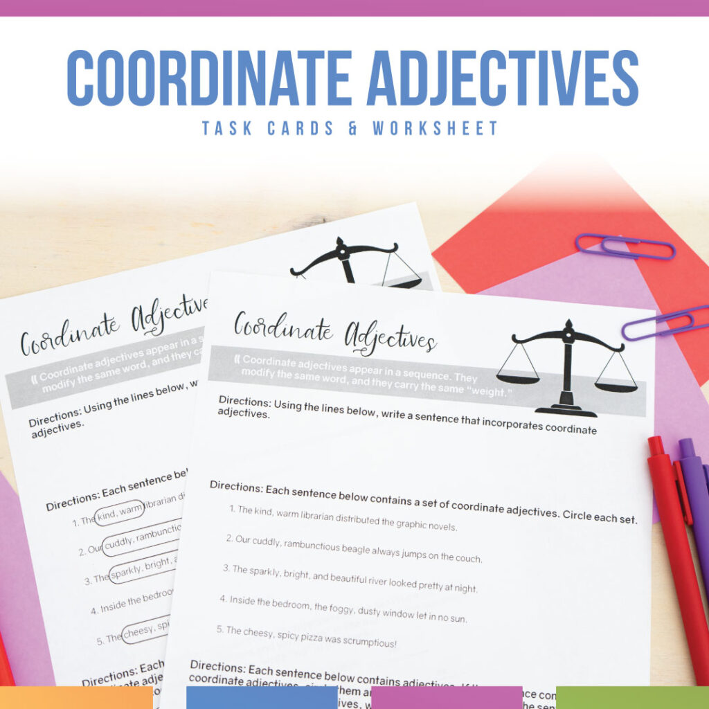 Coordinate Adjectives Task Cards & Coordinate Adjective Worksheet ...